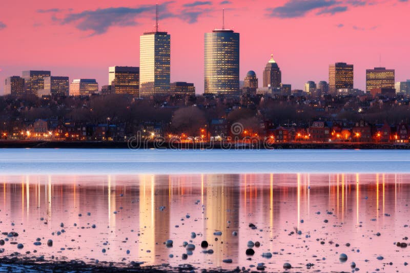 Boston Building Under April Pink Moon in the Night Sky after a Full ...