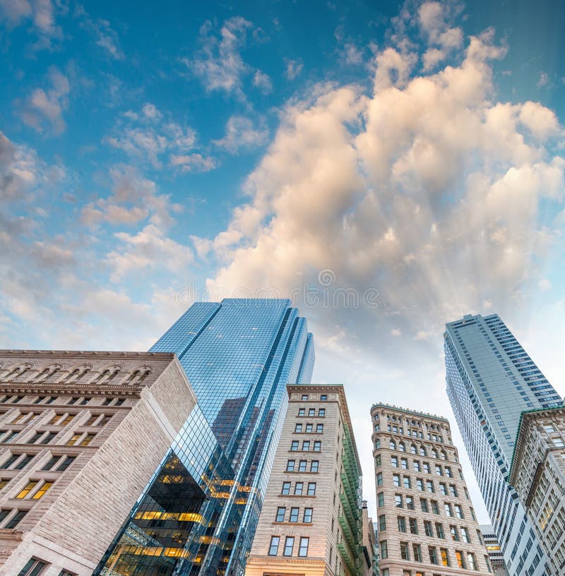 Boston Buildings from Street Level at Dusk Stock Photo - Image of dusk ...