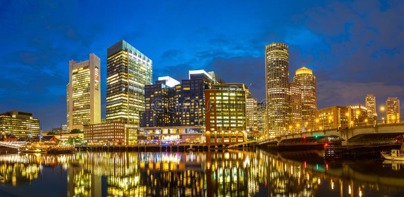 Boston cityscape at night editorial image. Image of harbor - 259370770