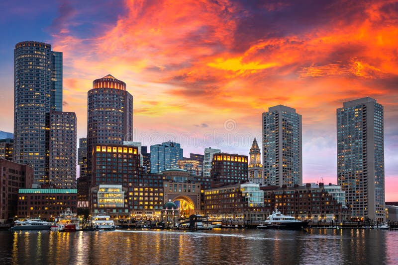 Boston cityscape at night stock image. Image of building - 248149857