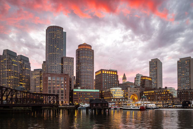 Boston cityscape at night stock image. Image of district - 259831679