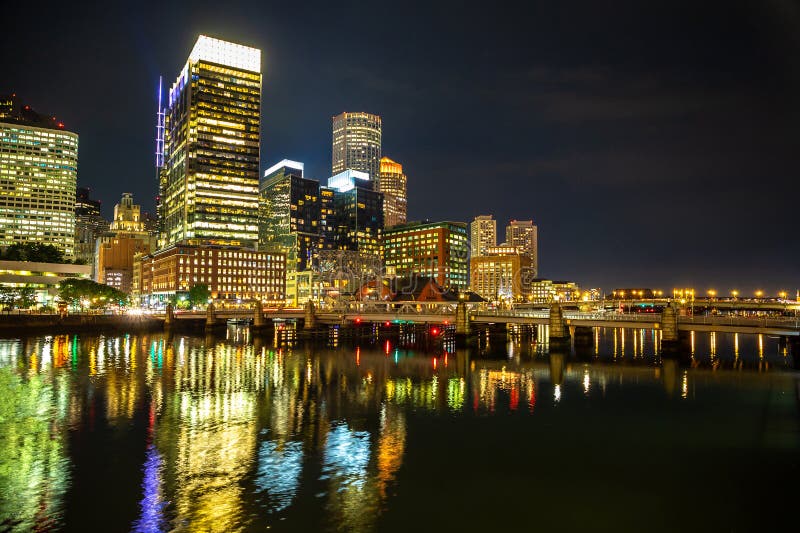 Boston cityscape at night stock image. Image of business - 267767055