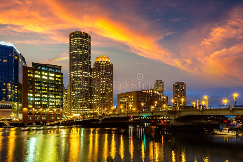 Boston cityscape at night stock photo. Image of pier - 267767064