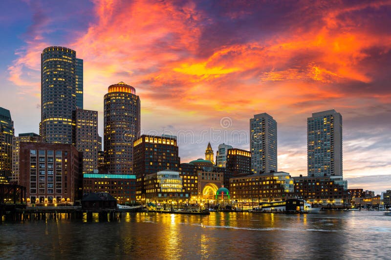 Boston cityscape at night editorial stock photo. Image of view - 308605298