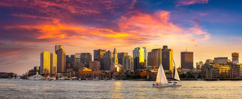 Boston cityscape at sunset stock image. Image of panoramic - 247544069