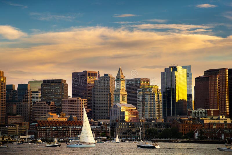 Boston cityscape at sunset editorial photography. Image of business ...