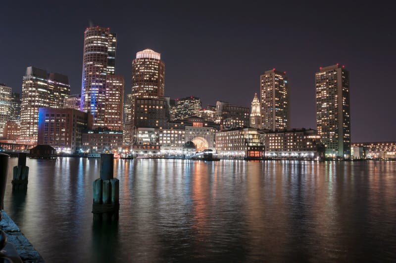 Boston Harbor and Financial District at Night in B Stock Photo - Image ...