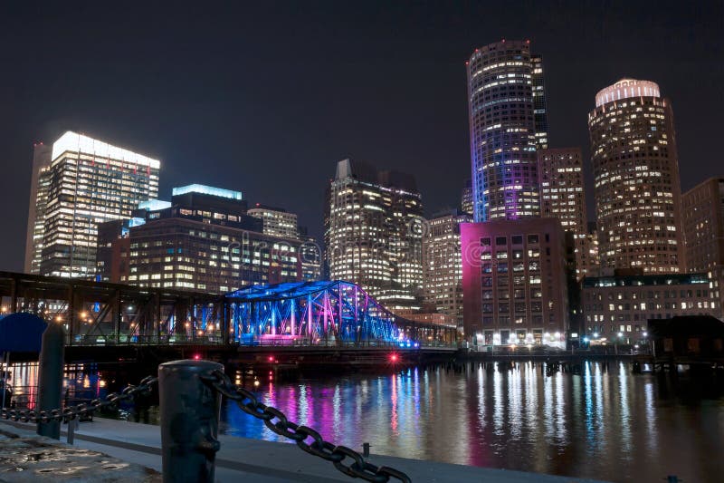 Boston Harbor and Financial District at Night in B Stock Photo - Image ...
