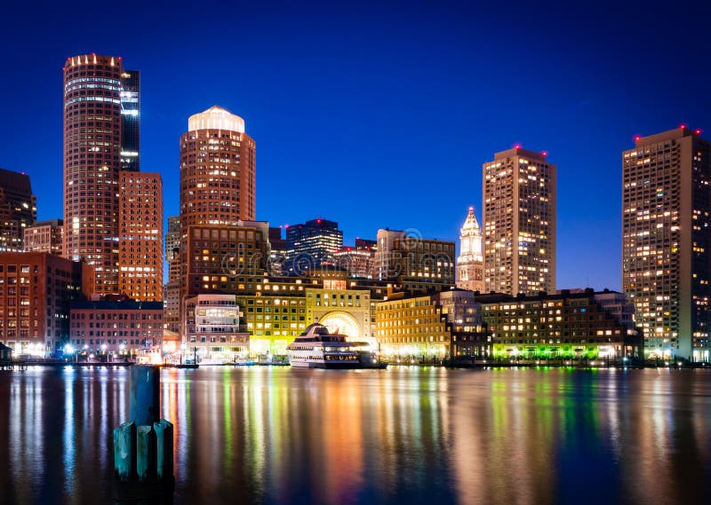 Boston Harbor at Night stock photo. Image of night, buildings - 76374308