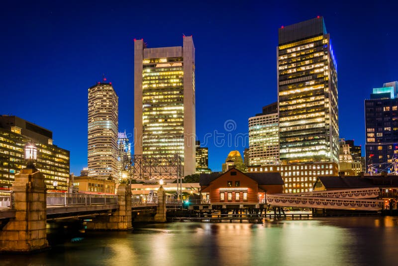 The Boston Skyline and Fort Point Channel at Night, in Boston, M ...