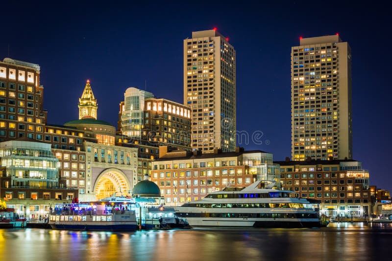 The Boston Skyline and Fort Point Channel at Night, in Boston, M ...