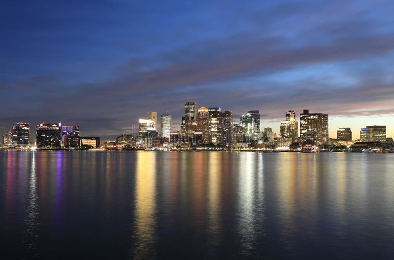 Boston Skyline and Harbor at Dusk with Atlantic Ocean Stock Image ...