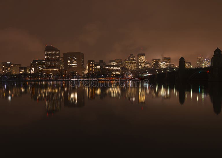 Boston Skyline at Night from Cambridge Stock Photo - Image of street ...