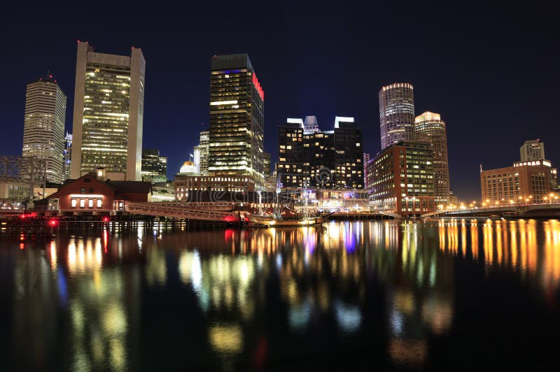 Boston Skyline at Night, Inner Harbor Stock Image - Image of ...