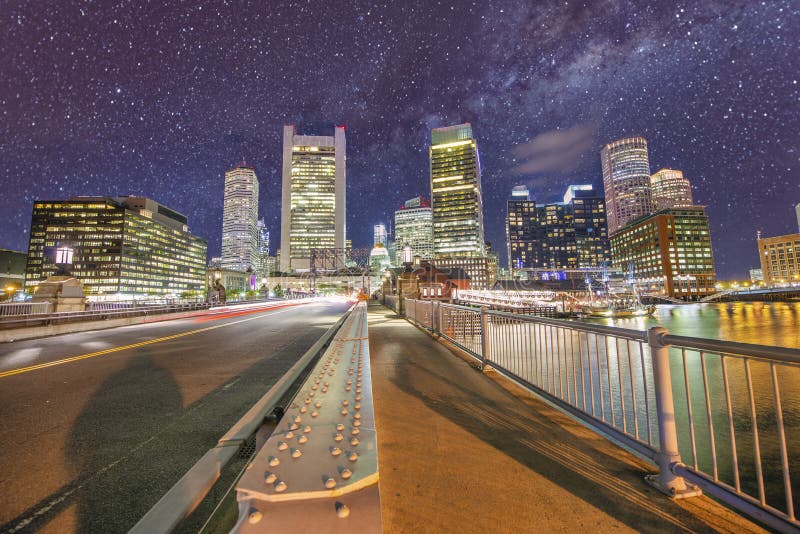 Boston Skyscrapers and River Under a Starry Night, Massachusetts Stock ...