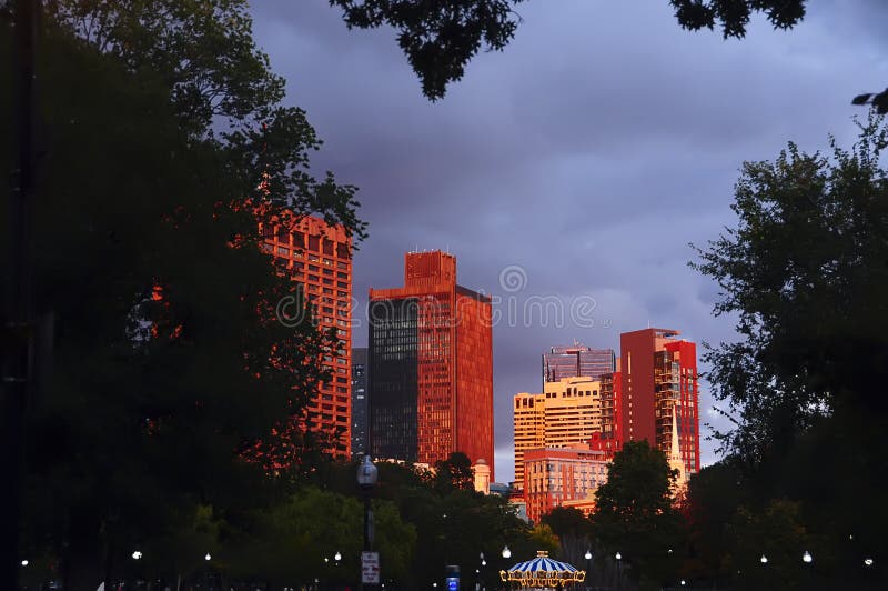 Boston Skyscrapers in the Sunset Red Light Stock Photo - Image of ...