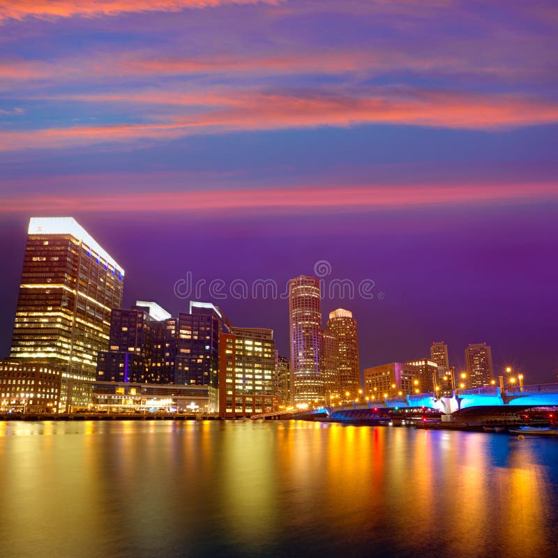 Boston Sunset Skyline at Fan Pier Massachusetts Stock Photo - Image of ...