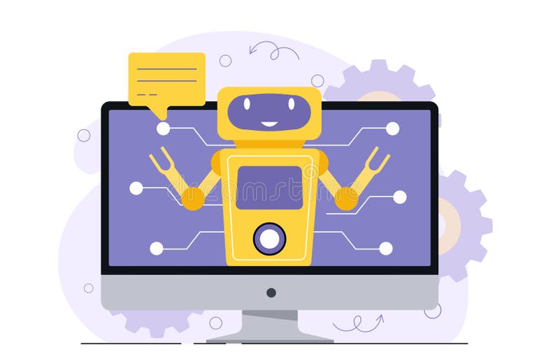 Bot at Computer. Virtual Assistant in Chat. Artificial Intelligence and ...