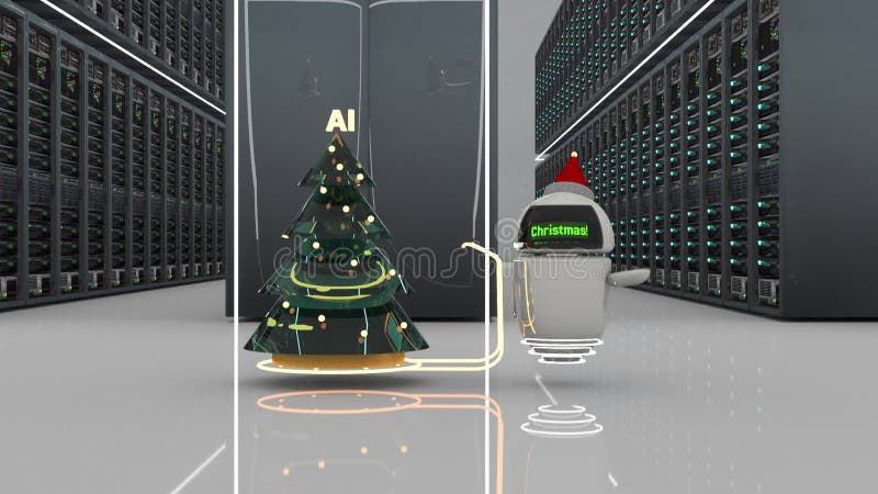 Bot in Santa-hat Carries a Christmas Tree through the Server Room Stock ...
