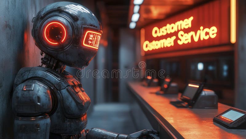 A Bot Stands with Red Neon Behind it Stock Illustration - Illustration ...