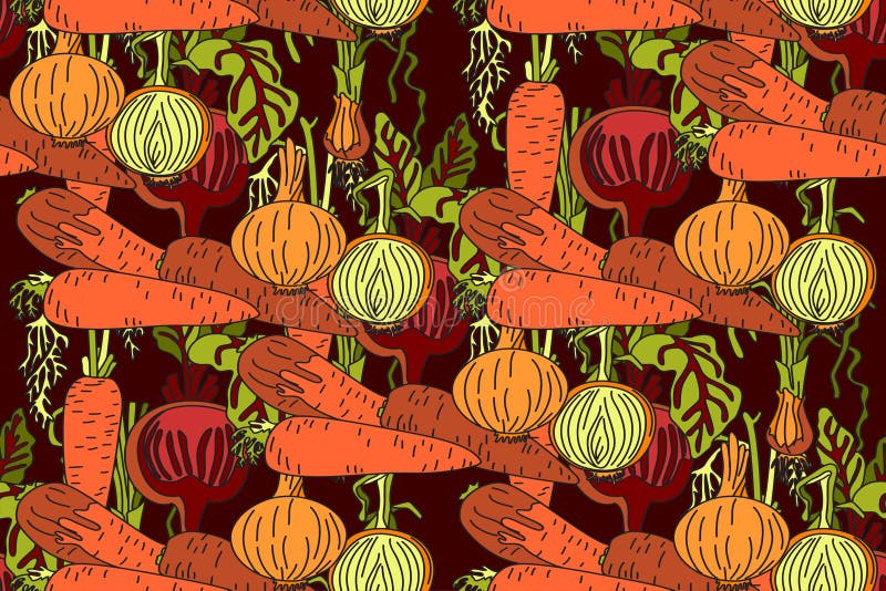 Botanical Abstract Seamless Pattern with Cartoon Colorful Carrots, Onions, Beets Vector ...