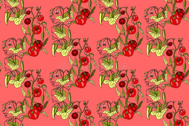 Botanical Abstract Seamless Pattern with Cartoon Growing Tomatoes and Peas Vector Illustration ...
