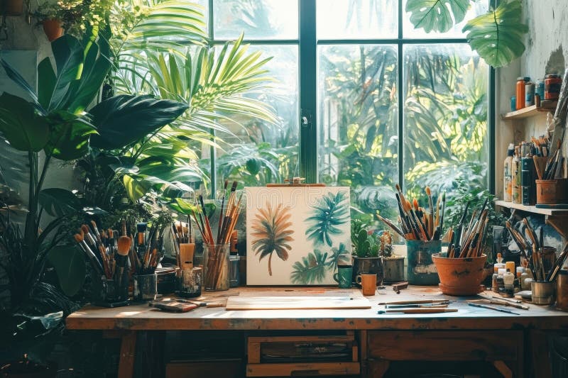 Botanical Banner Design, Sunny Conservatory Studio with Tropical ...