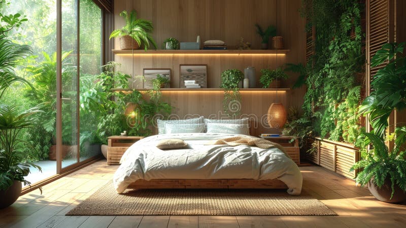 Botanical Bliss Bedroom Design Stock Illustration - Illustration of ...