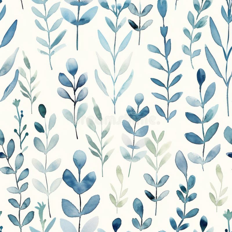 Botanical Bliss: Chambray Blue Seamless Watercolor Leaf Pattern Stock ...
