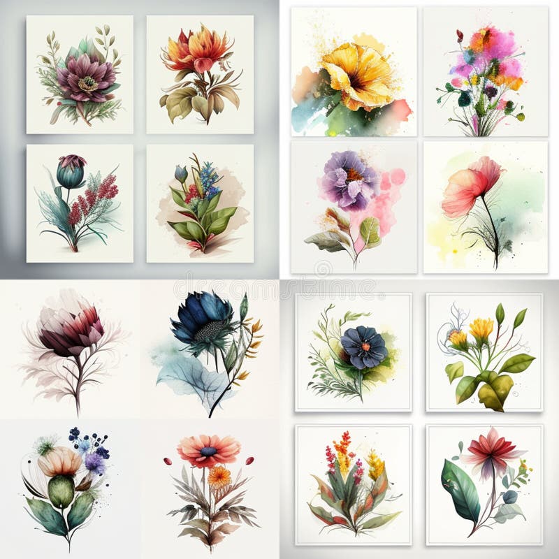 Botanical Blooms in Watercolor Set Bundle Stock Illustration ...