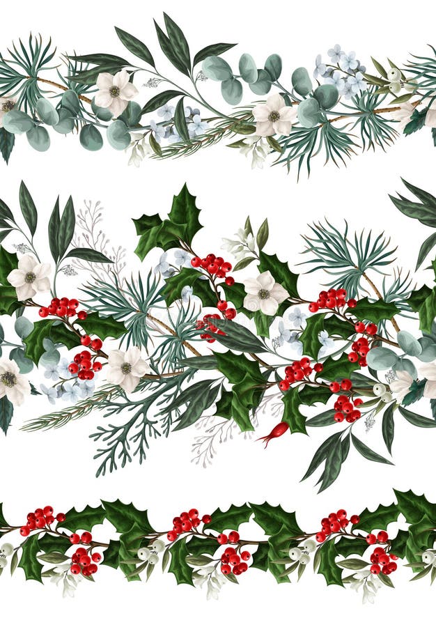 Botanical Border with Christmas Flowers and Elements. Vector. Stock ...