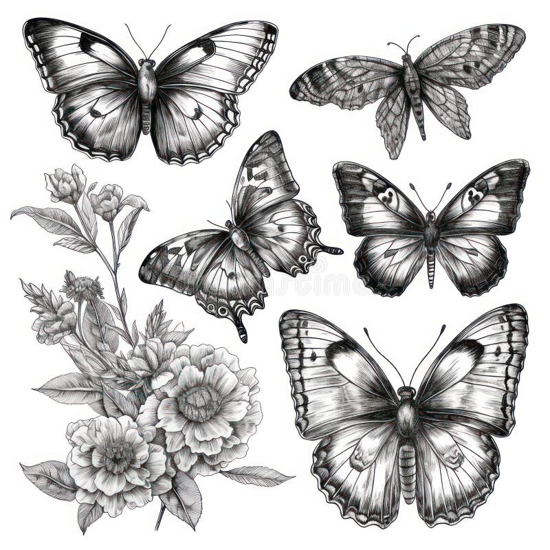 Botanical Butterfly Drawings in Graphic Black and White on White ...