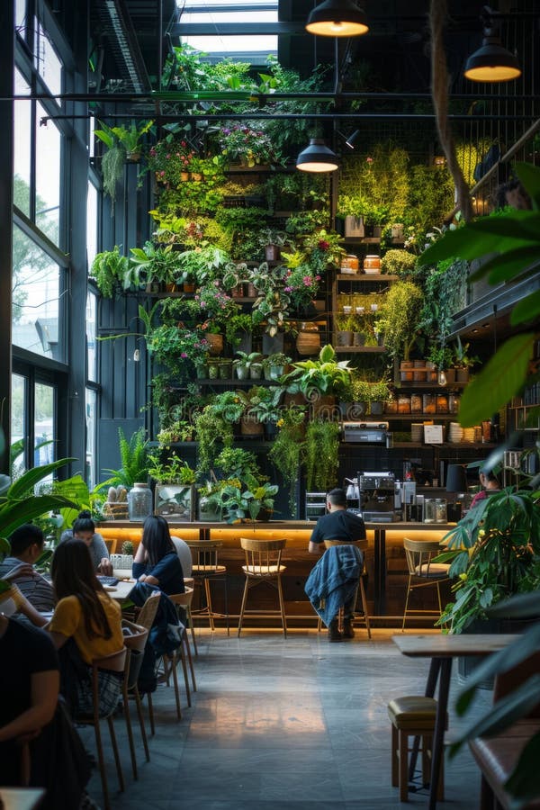 Botanical Cafe, a Busy, Greenery-filled Cafe Interior with Patrons ...