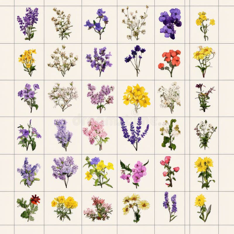 Botanical Chart Featuring Various Colorful Flowers in Grid Layout ...