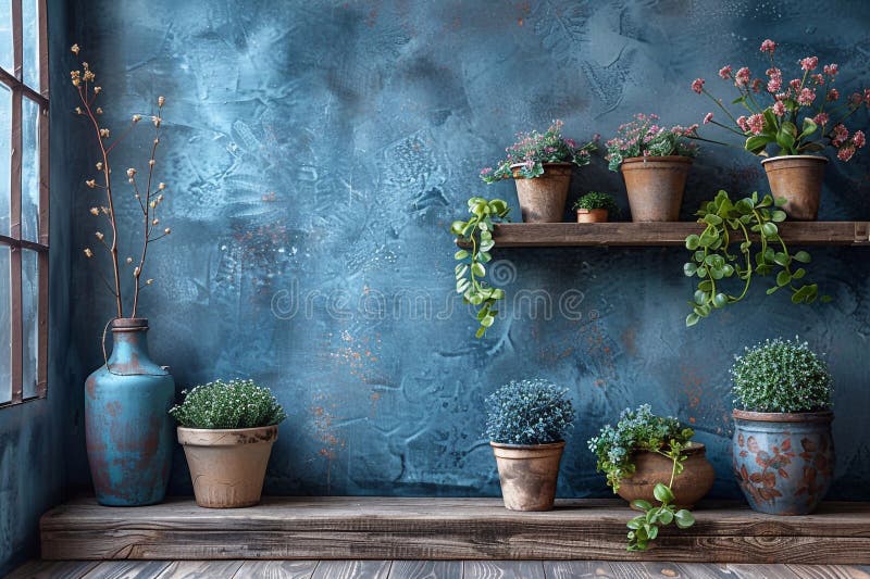 Botanical Corner with Diverse Plants Against a Textured Blue Wall ...