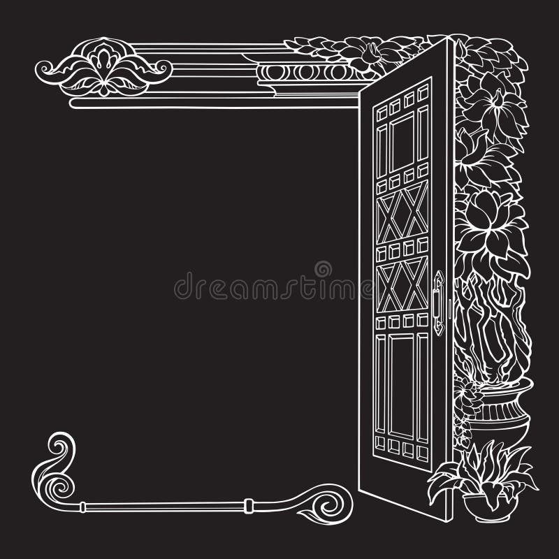 Botanical Corner Pattern with Tropical Flowers and Open Door. Vector ...