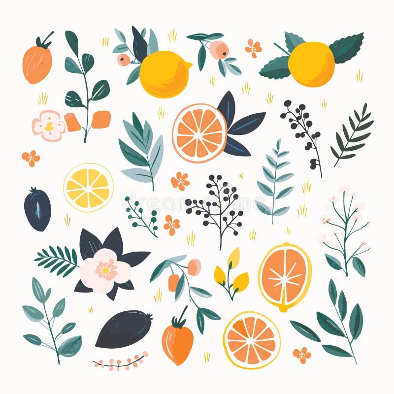 Botanical Elements, Including Fruit, Flowers, and Leaves. Stock Vector - Illustration of ...