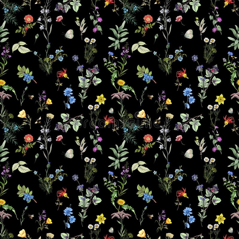 Botanical Floral Pattern of Watercolor Wildflowers and Forest Plants ...