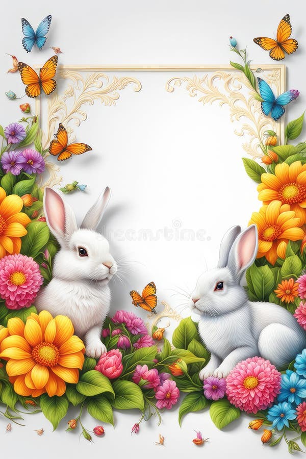 Botanical Frame with Two Rabbits and Flowers. Little Garden. Easter ...