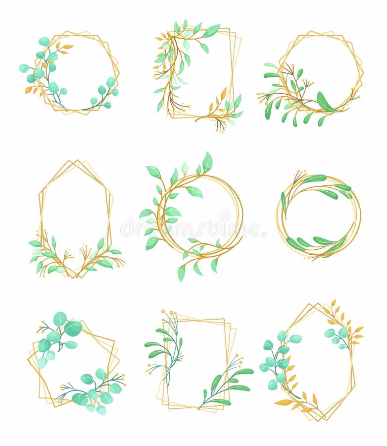 Botanical Gold Frame with Green Branches Vector Set Stock Vector ...