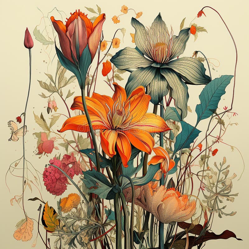 Botanical Illustration, Detailed, Linear, Flowers and Leaves Stock ...