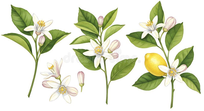 Botanical Illustration of Lemon Tree Elements (Citrus Limon). Three ...