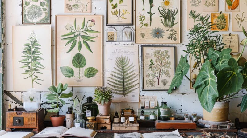 Botanical Illustration Studio with Vintage Flair and Greenery Stock ...