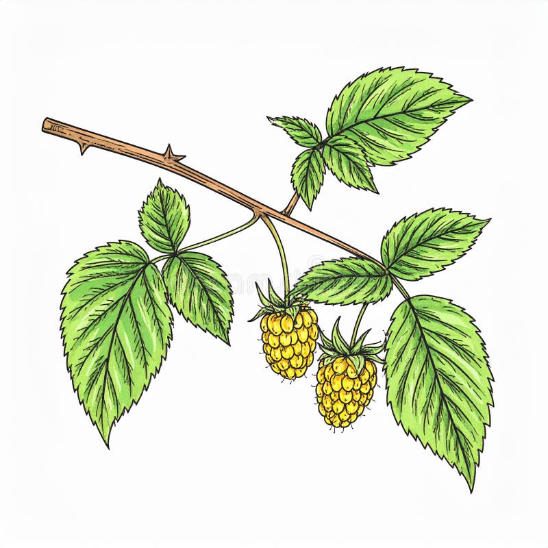 Botanical Illustration of a Yellow Raspberry Branch with Green Leaves ...