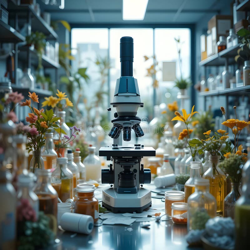 Botanical Lab Microscope Amidst Flowers and Glassware, Scientific ...