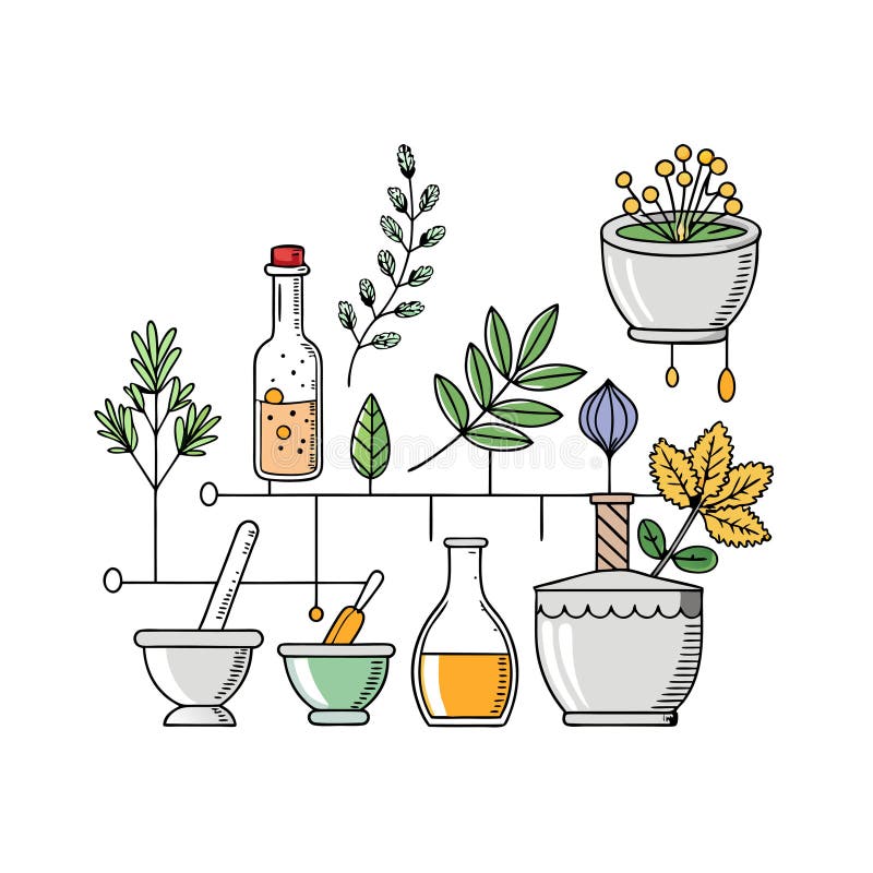 Botanical Laboratory Flat Illustration with Plants, Mortar, Bottles and Herbs, Science and ...
