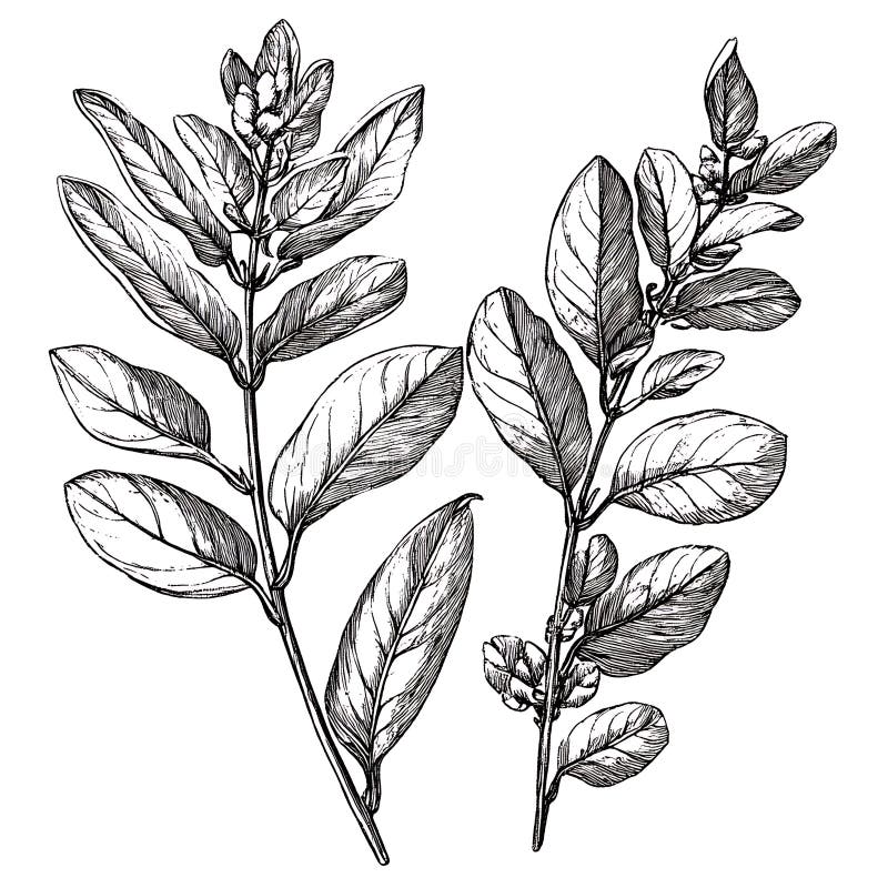 Botanical Line Art Drawing of Two Sprigs with Leaves and Buds Ink ...