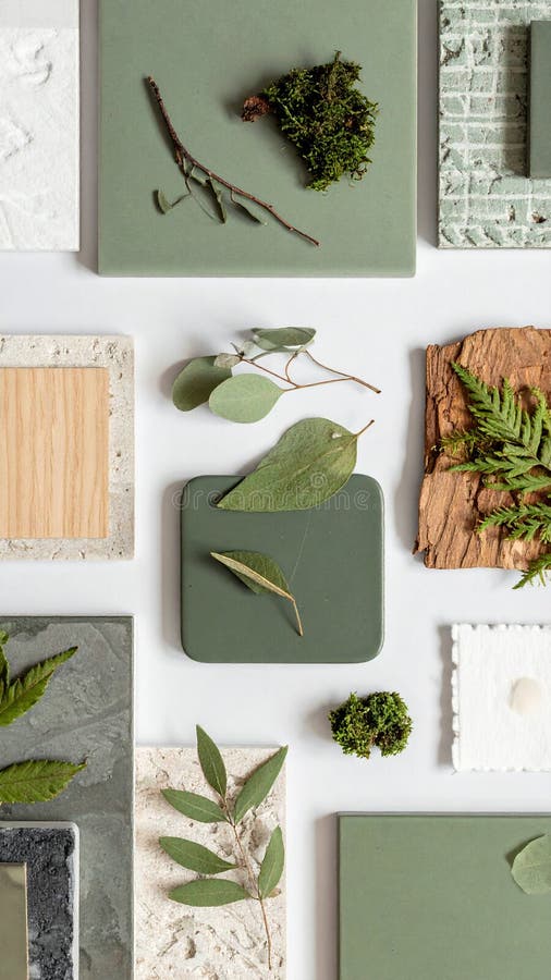 Botanical Moodboard with Green Tones Moss Leaves and Natural Textures ...
