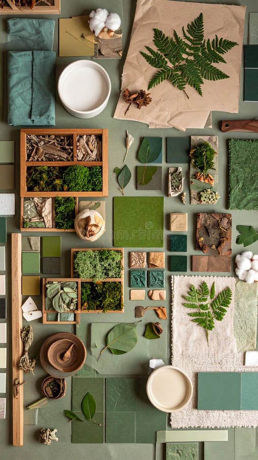 Botanical Moodboard with Green Tones Moss Leaves and Natural Textures ...
