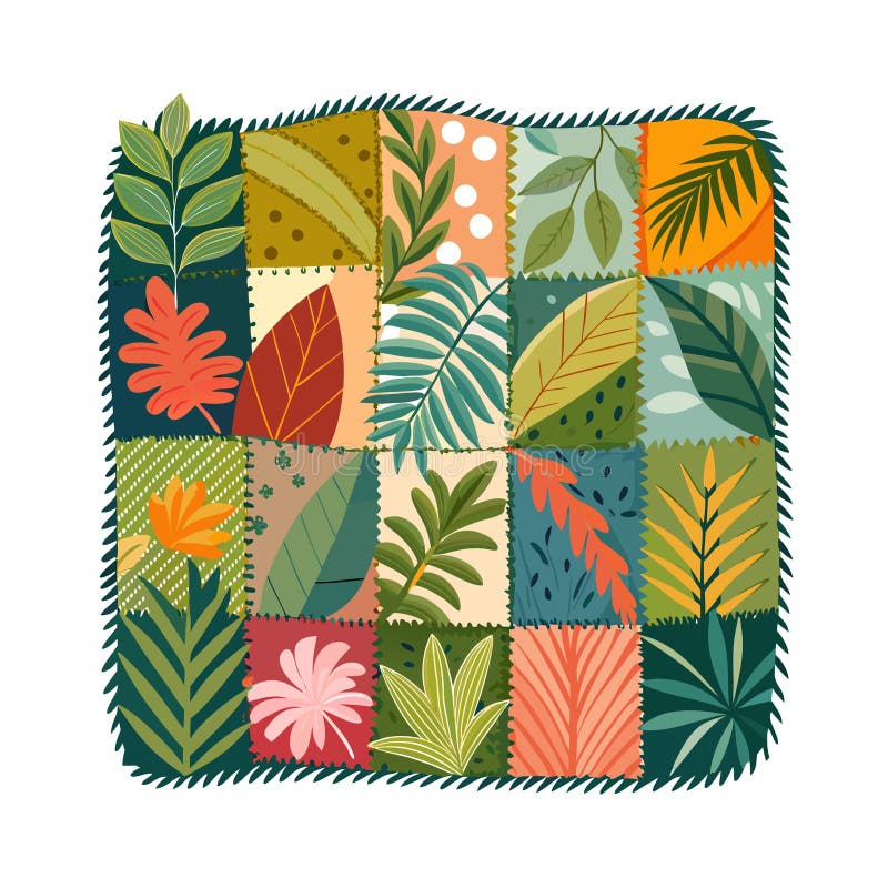 Botanical Patchwork Pattern with Tropical Leaves and Geometric Elements ...